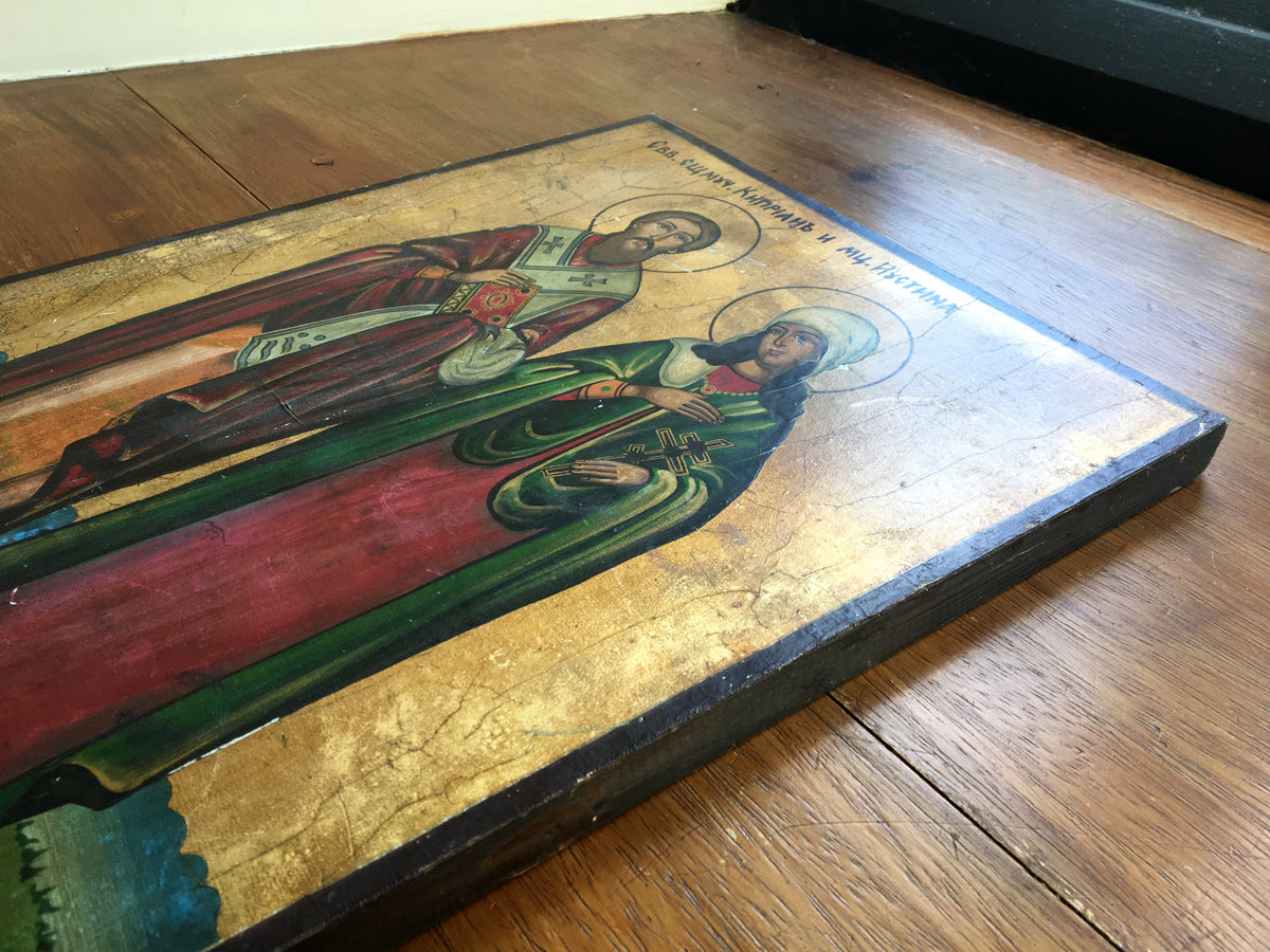 Large vintage SAINT CYPRIAN OF ANTIOCH and JUSTINA Orthodox Altar Icon ...